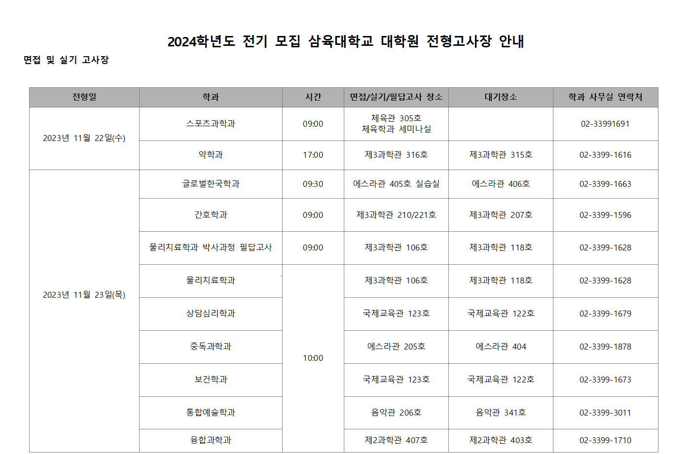 2024학년도 전기 모집 삼육대학교 대학원 전형고사장 안내 – 일반대학원