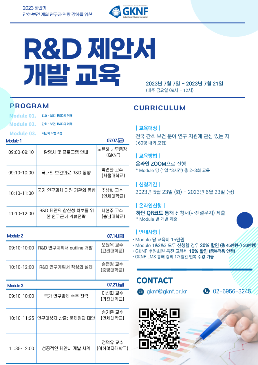 [GKNF] 2023 하반기 간호 보건계열 연구자 역량 강화를 위한 R&D 제안서 개발 교육 홍보 – 신학대학원